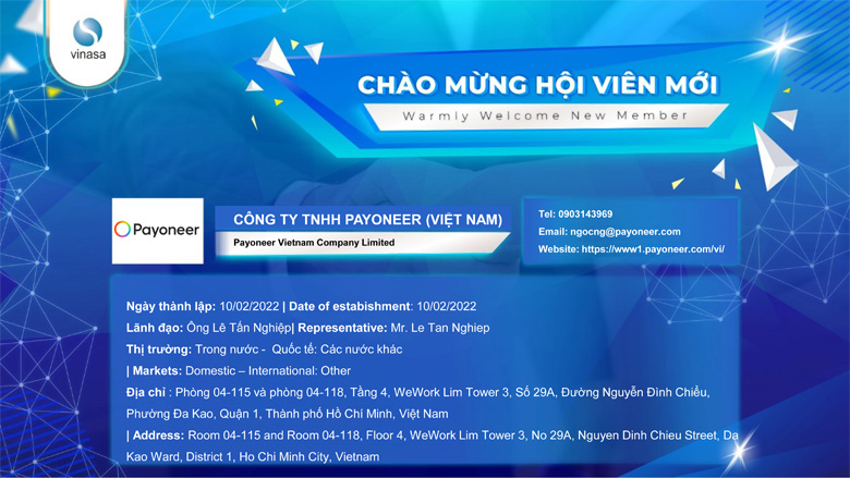 Chúc mừng Công ty TNHH PAYONNEER Việt Nam trở thành Hội viên của VINASA